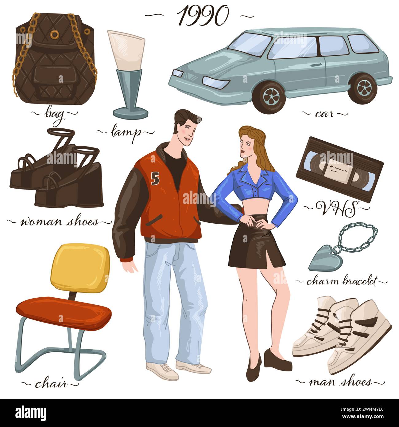 Fashion and clothes, furniture and objects of 90s Stock Vector Image ...
