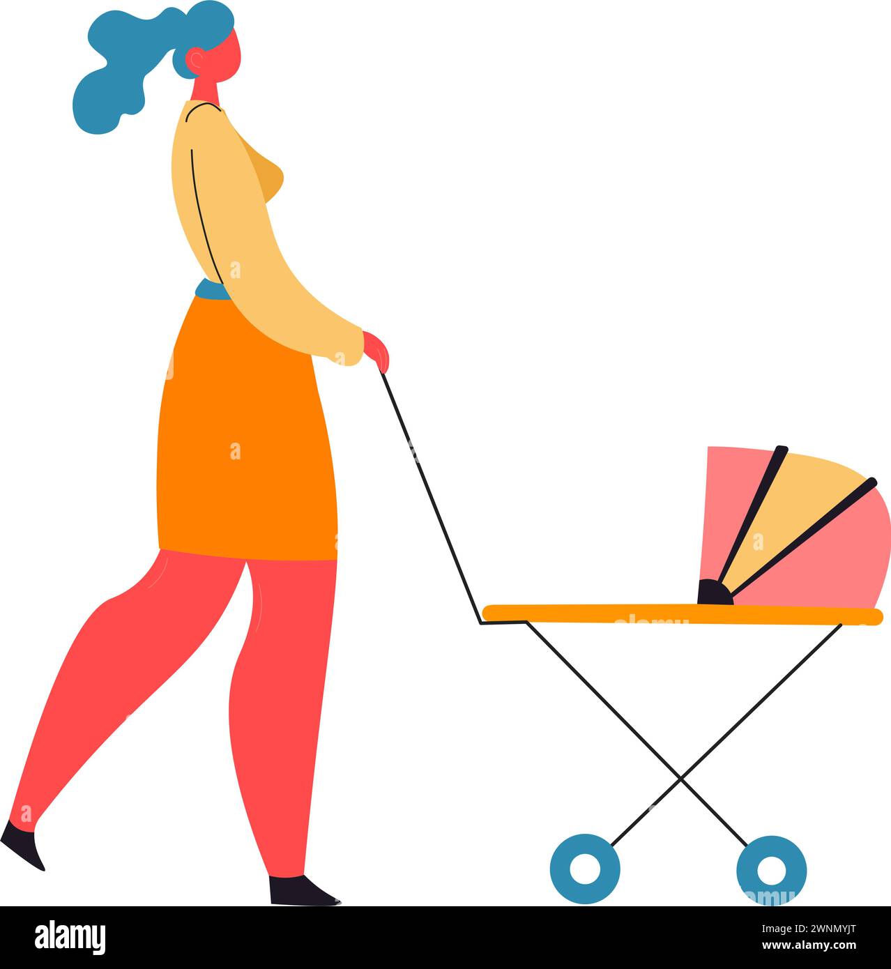 Mother walking with kid laying in buggy, isolated female character ...
