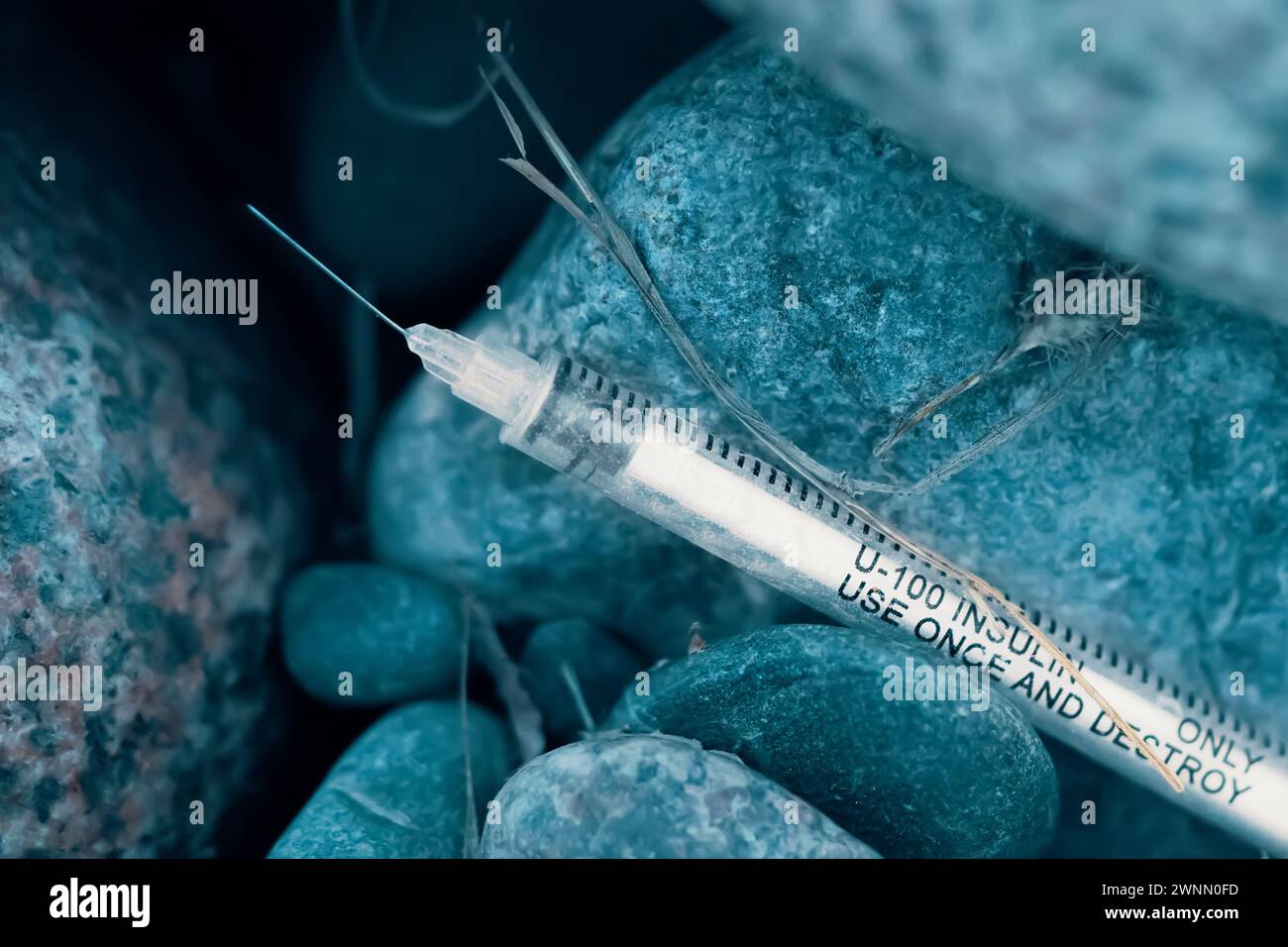 Used syringe lying on the ground Stock Photo - Alamy