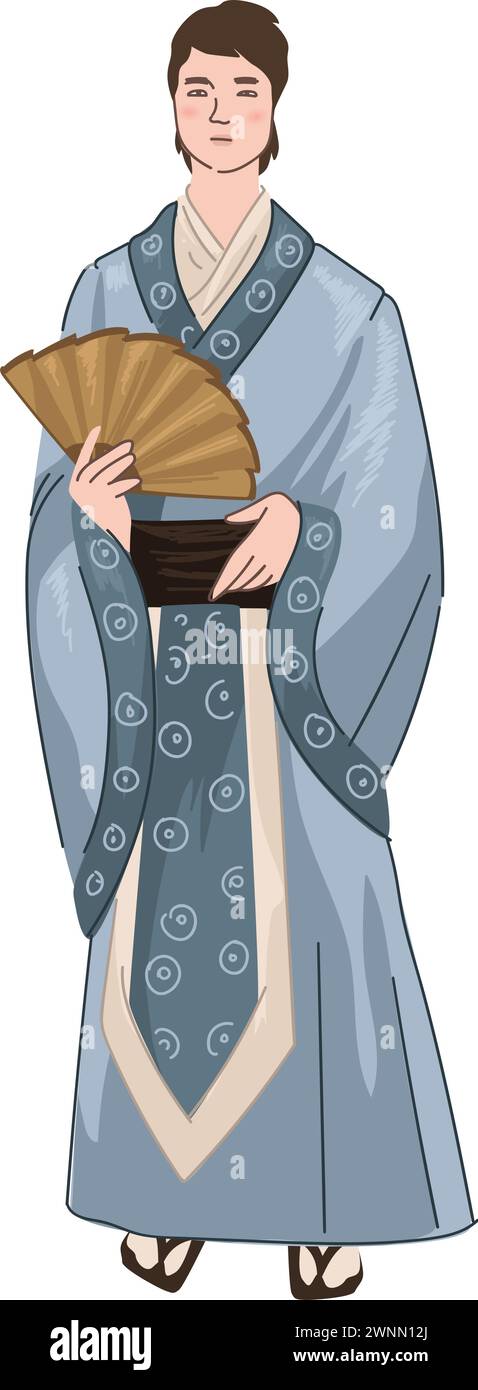 Japanse man wearing traditional kimono holding fan Stock Vector Image ...