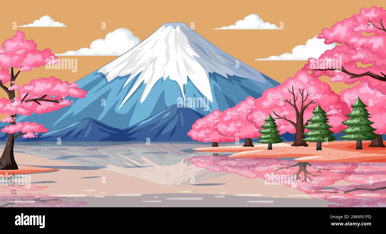 Vector illustration of a mountain with cherry blossoms Stock Vector ...
