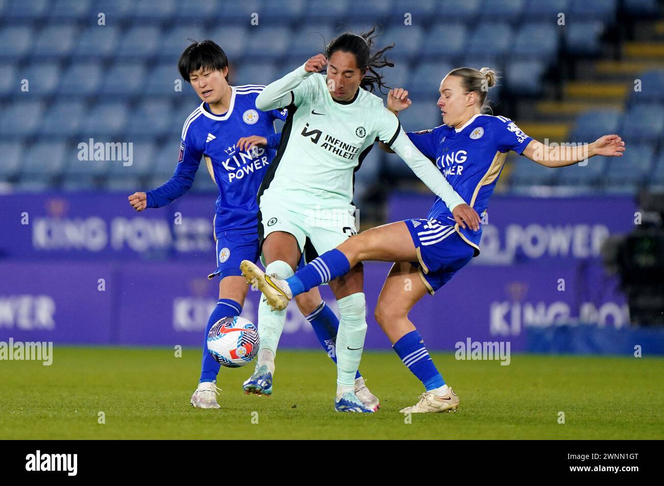 Chelsea's Mayra Ramirez battles for the ball against Leicester City's ...