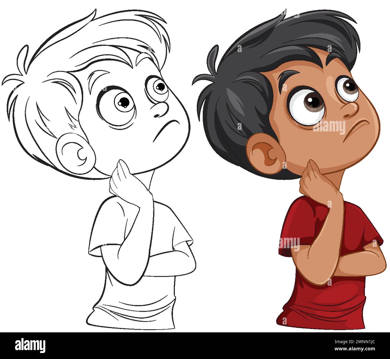 Two cartoon boys thinking, looking upwards, puzzled Stock Vector Image ...