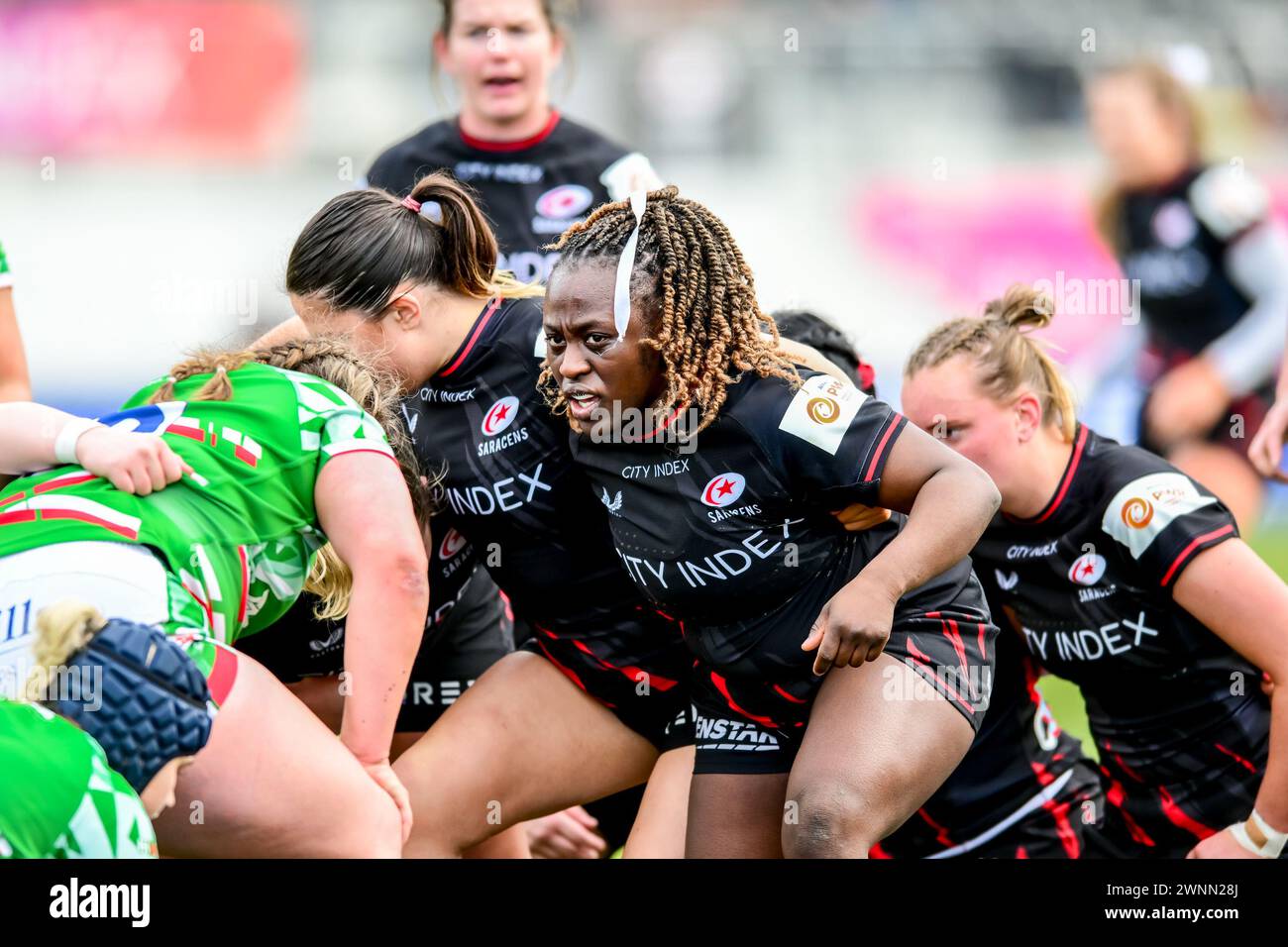 London, England on 3 March 2024. Akina Gondwe of Saracens Women during ...