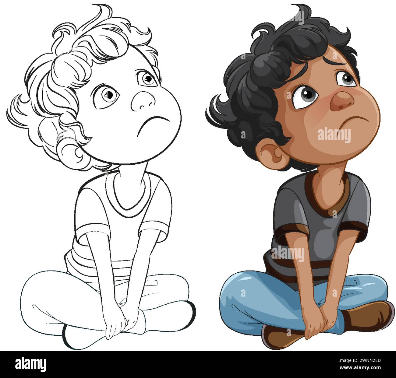 Two cartoon kids sitting, looking thoughtful and worried Stock Vector ...
