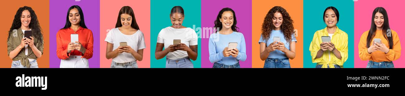Row of eight men with varying hairstyles and attire, each focused on ...