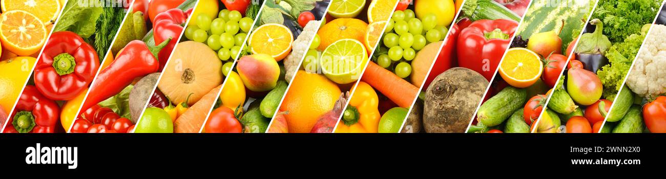 Wide panorama healthy fruits and vegetables separated by slanted lines ...