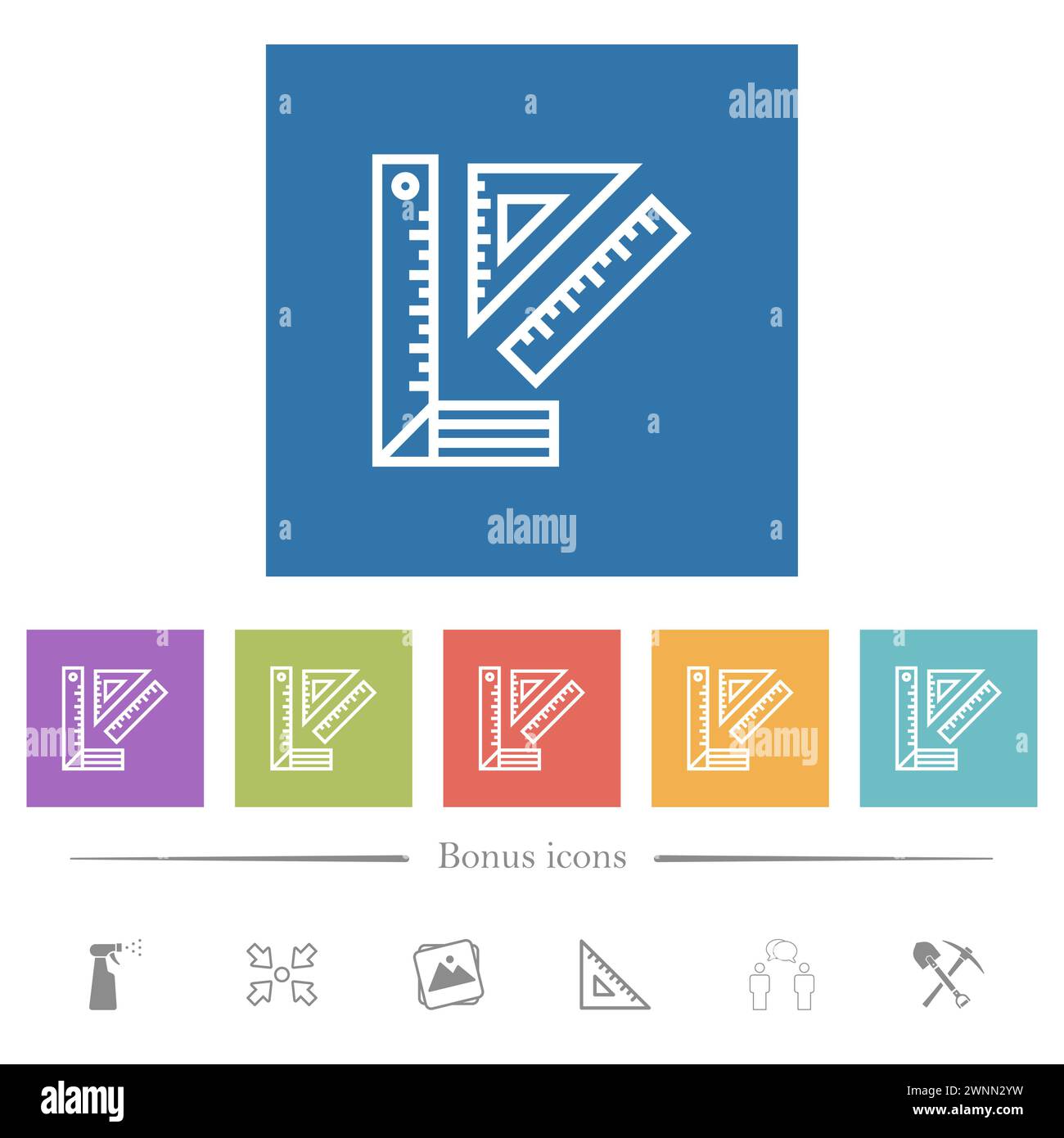 Rulers flat white icons in square backgrounds. 6 bonus icons included ...