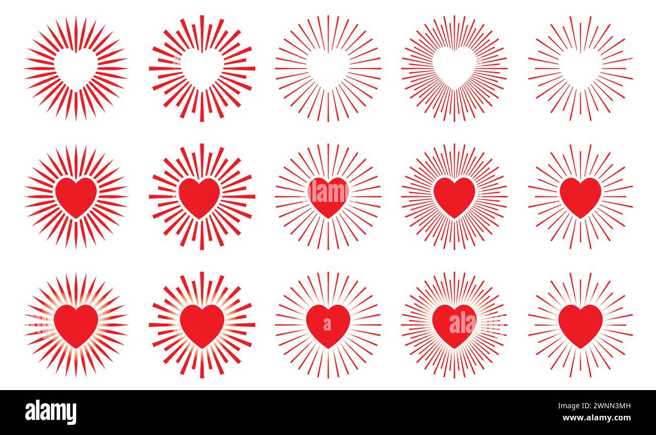 Collection of heart shapes on the background of sun rays. (color of the ...