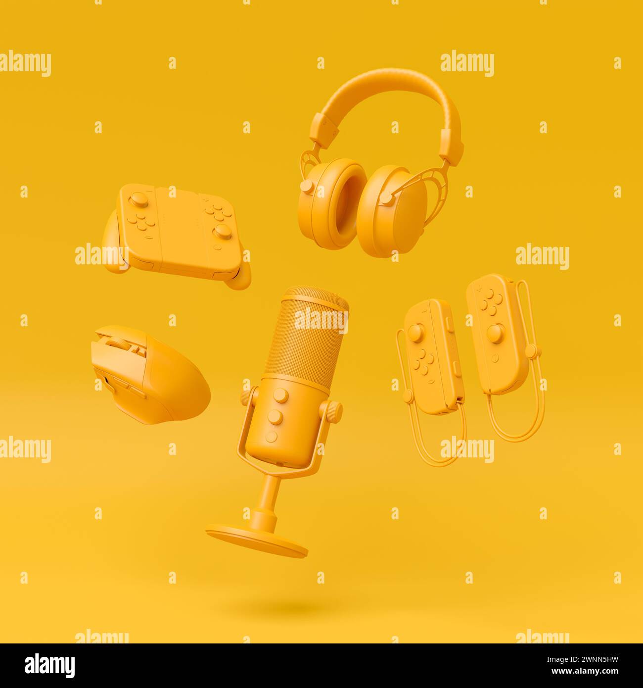 Flying gamer monochrome gears like mouse, keyboard, joystick, headset ...