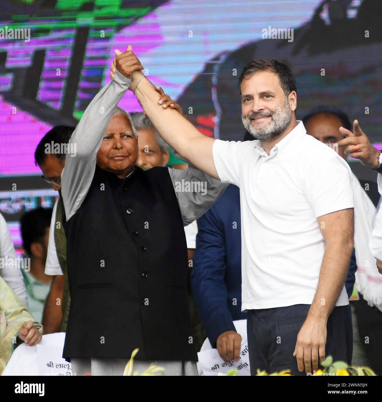 PATNA, INDIA - MARCH 3: RJD Chief Lalu Prasad Yadav with Congress leader Rahul Gandhi during the ...