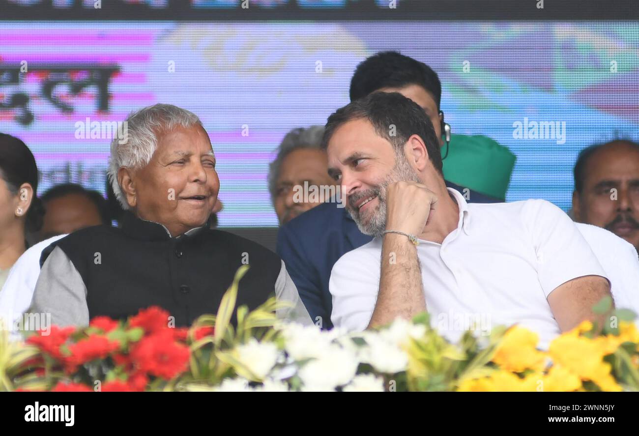 PATNA, INDIA - MARCH 3: RJD Chief Lalu Prasad Yadav with Congress leader Rahul Gandhi during the ...