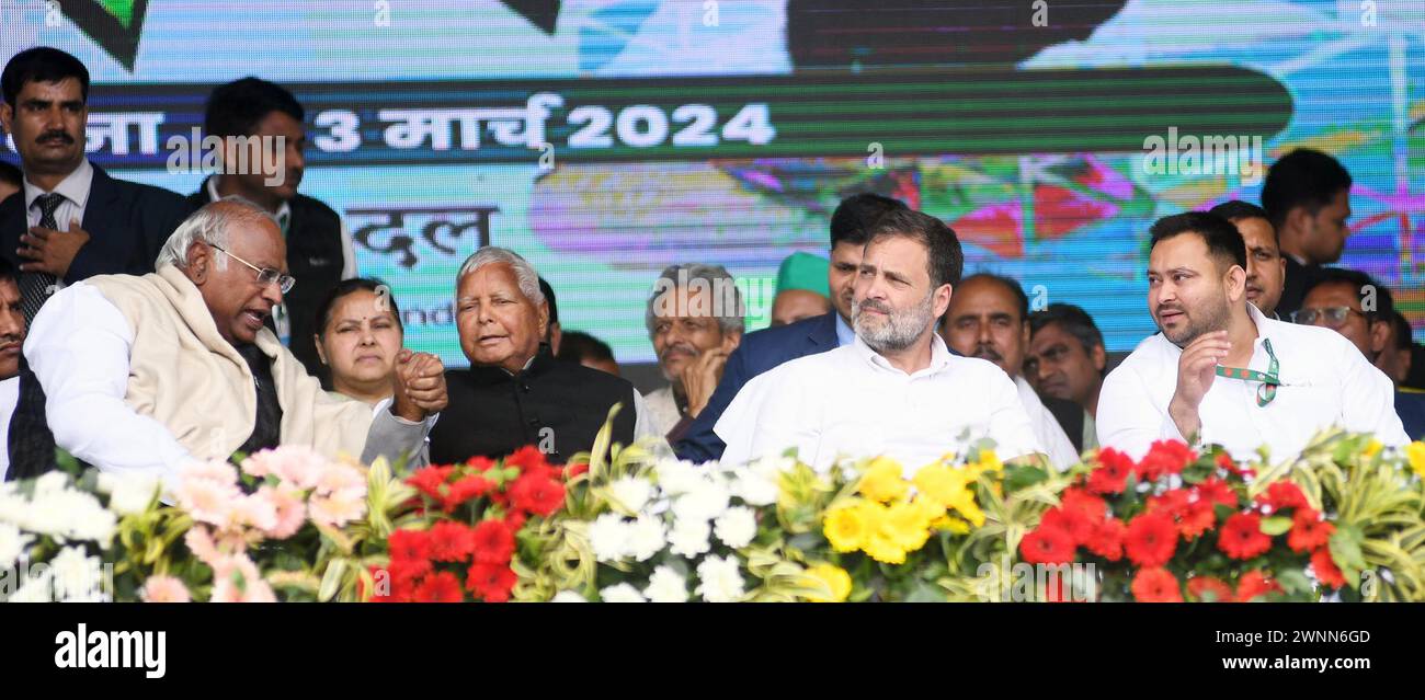 PATNA, INDIA - MARCH 3: RJD Chief Lalu Prasad Yadav, RJD leader Tejashwi Yadav, Congress ...
