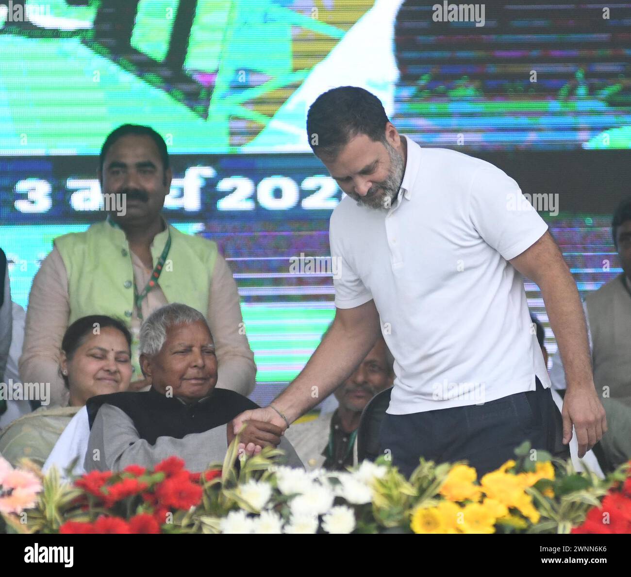 PATNA, INDIA - MARCH 3: RJD Chief Lalu Prasad Yadav with Congress leader Rahul Gandhi during the ...