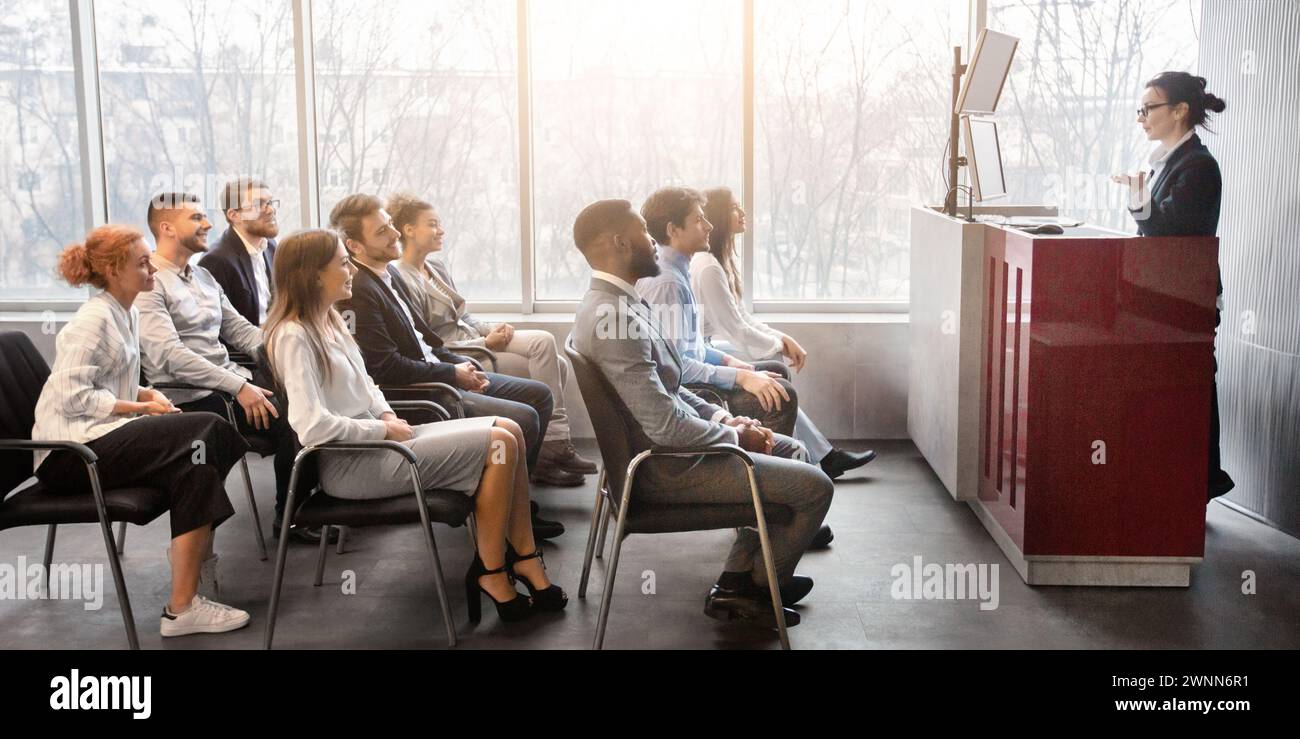 Corporate training concept. Business coach giving presentation Stock ...
