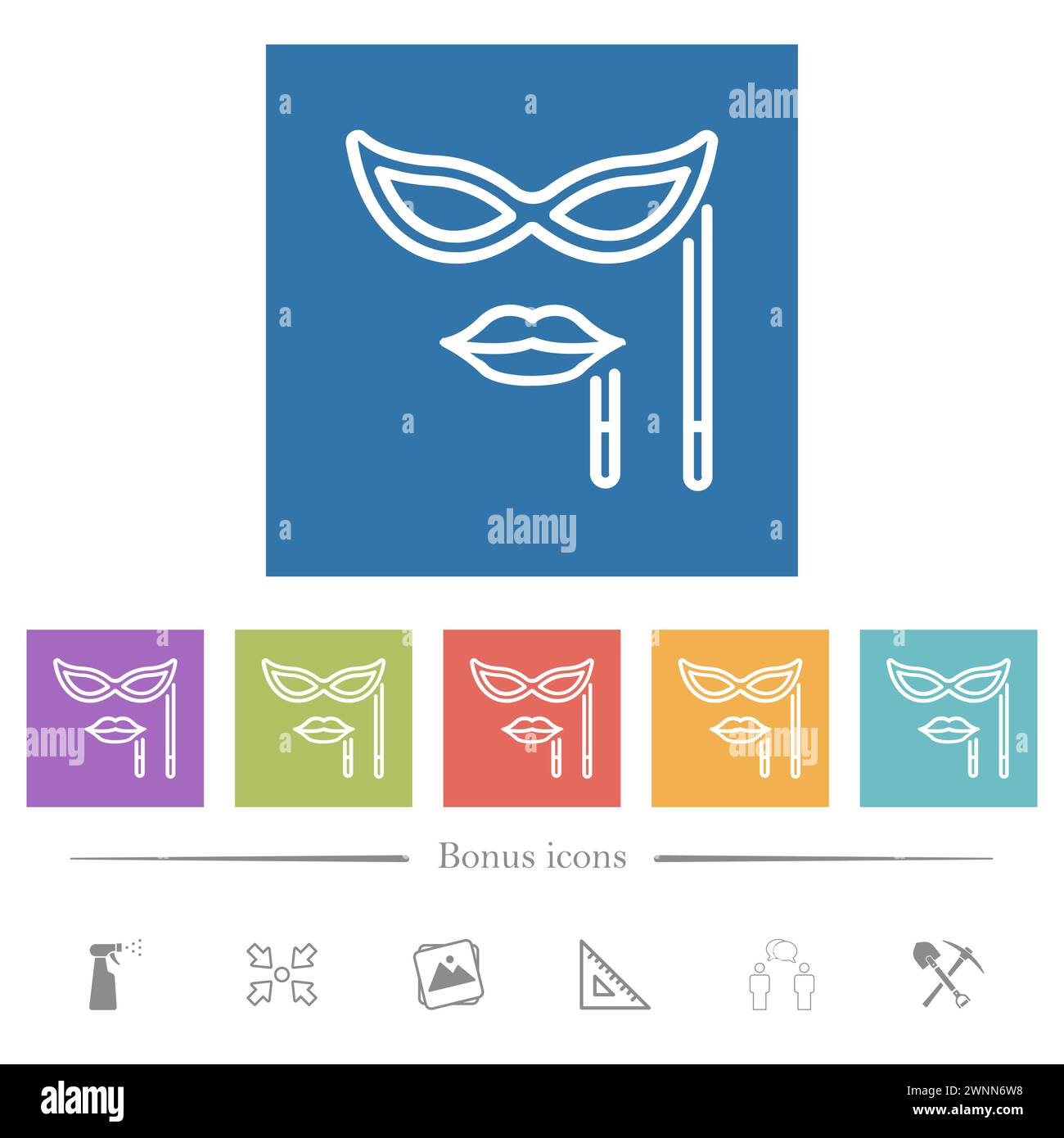 Woman masquerade mask with stick outline flat white icons in square ...