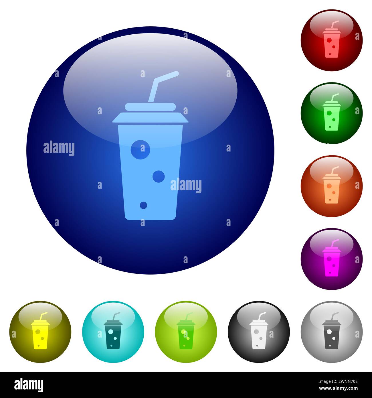 soft drink with straw solid icons on round glass buttons in multiple ...
