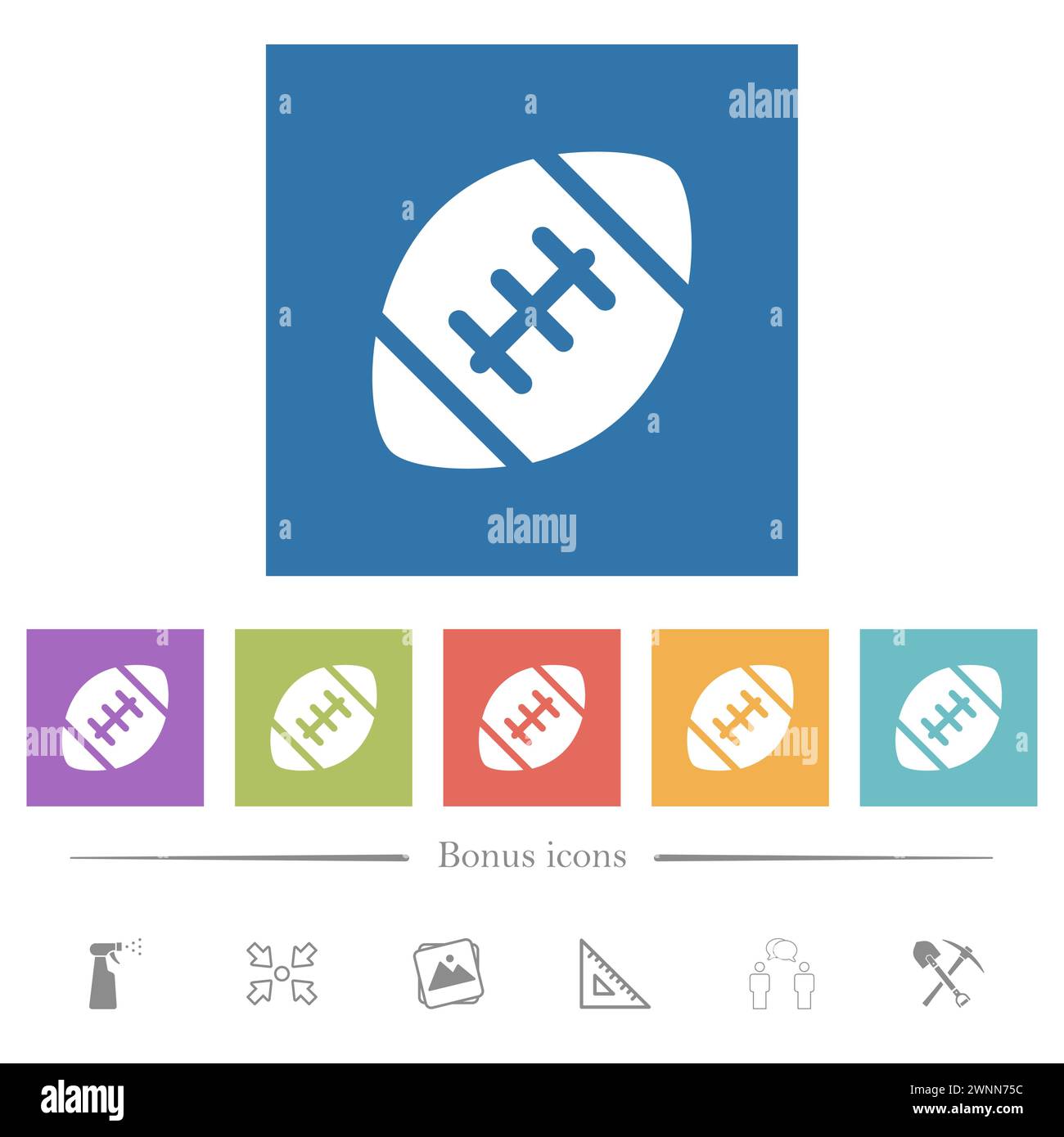 Rugby ball solid flat white icons in square backgrounds. 6 bonus icons ...