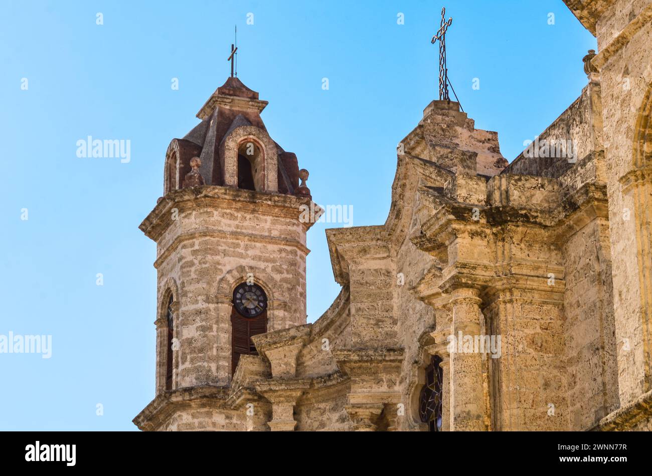 Top view of a Church in the clock-in tower, stained glass window, and 2 ...