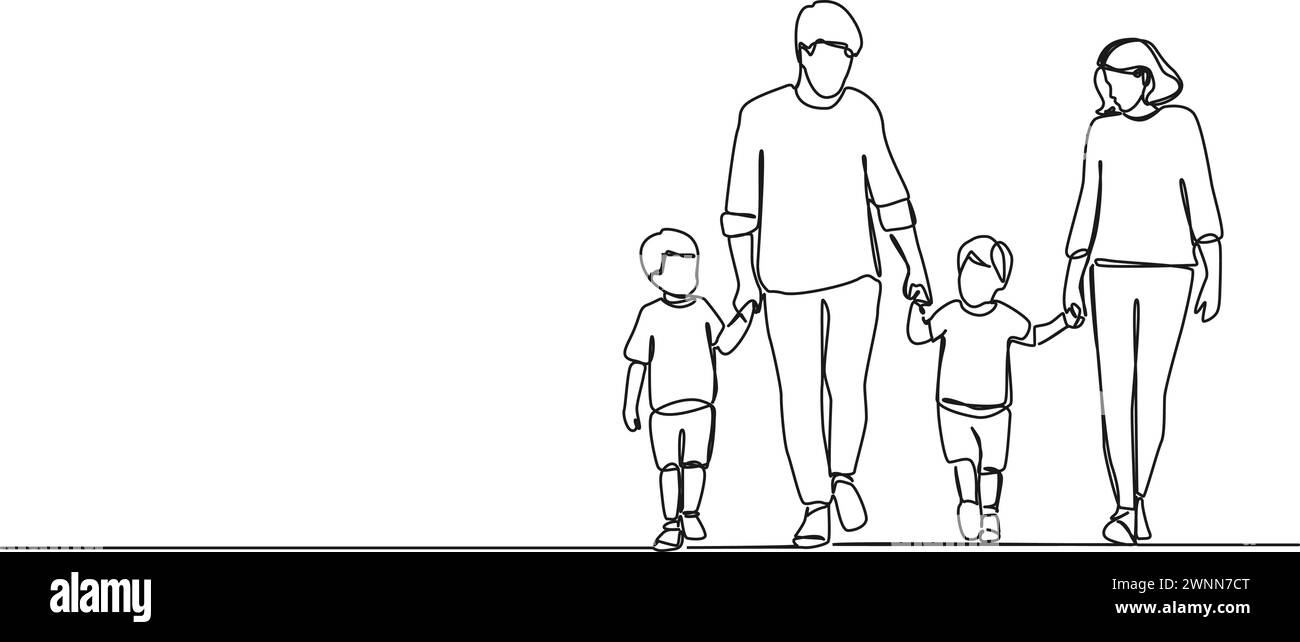 continuous single line drawing of parents with two young boys walking hand in hand, line art ...