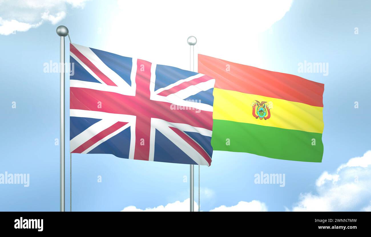 3D Flag of United Kingdom and Bolivia on Blue Sky with Sun Shine Stock ...