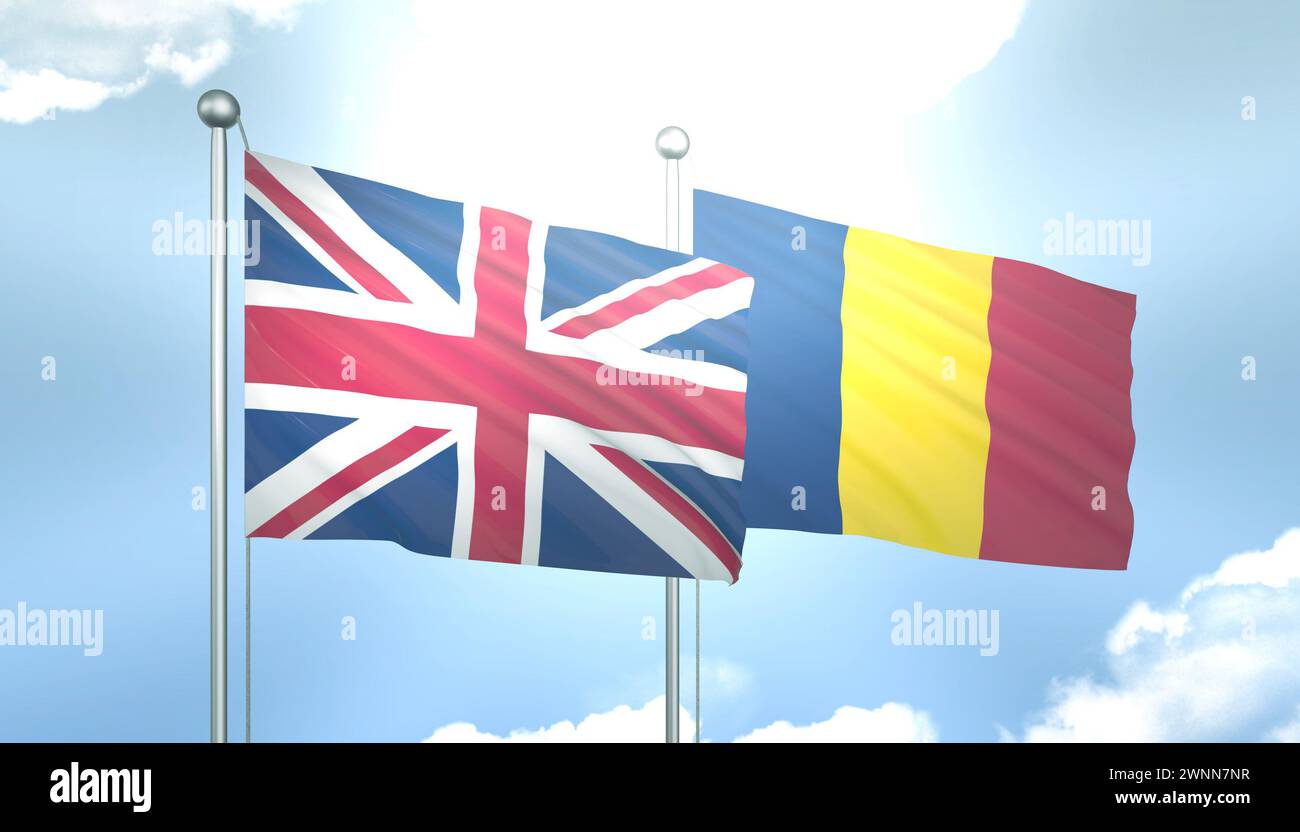 3D Flag of United Kingdom and Chad on Blue Sky with Sun Shine Stock ...