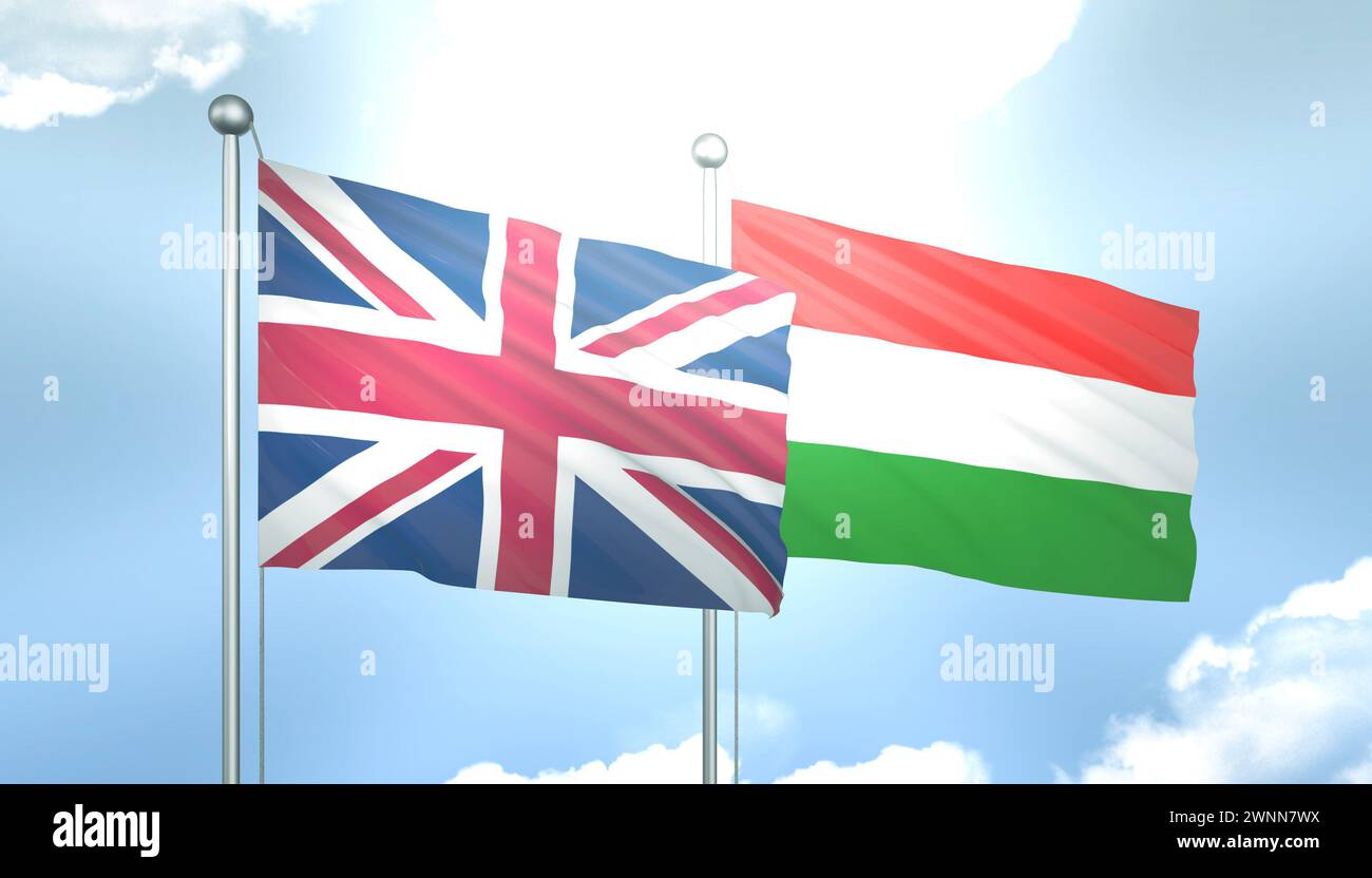 3D Flag of United Kingdom and Hungary on Blue Sky with Sun Shine Stock ...