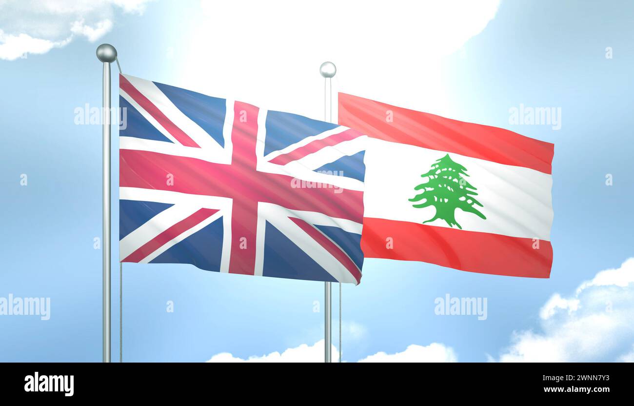 3D Flag of United Kingdom and Lebanon on Blue Sky with Sun Shine Stock ...