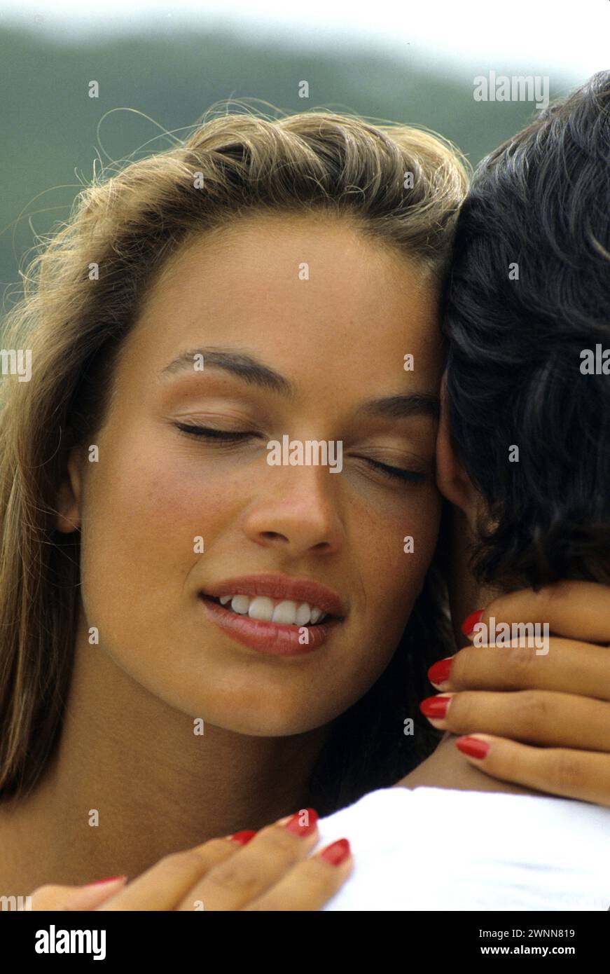 pretty young couple portrait lover expression happiness with white t ...