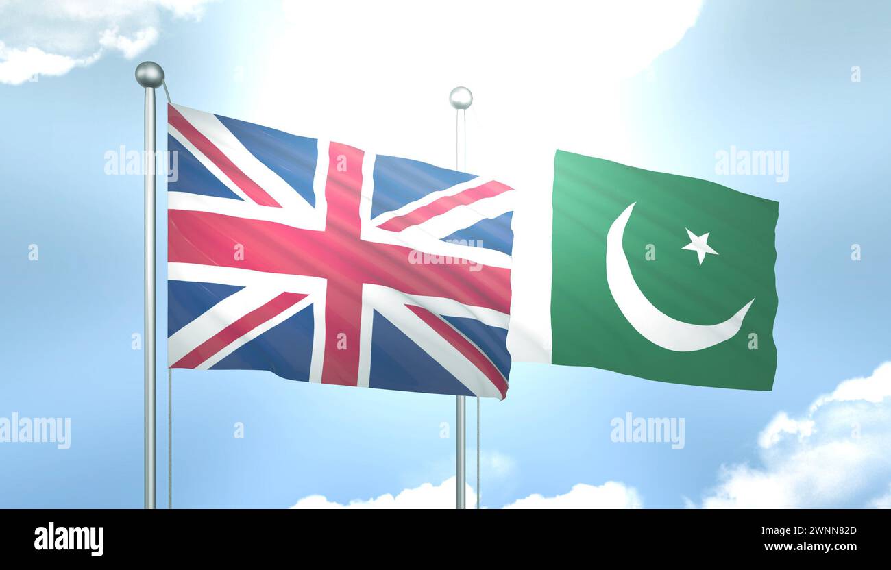 3D Flag of United Kingdom and Pakistan on Blue Sky with Sun Shine Stock ...