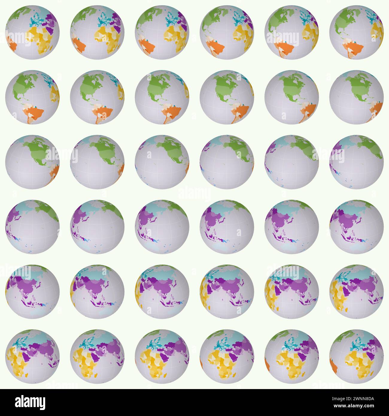 Collection of globes. Slanted sphere view. Rotation step 10 degrees ...