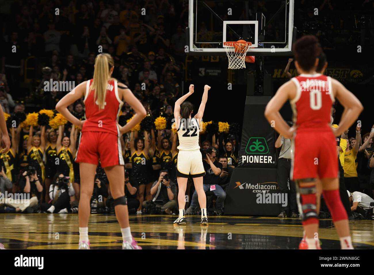 Iowa guard Caitlin Clark (22) sinks a technical foul to become the all ...
