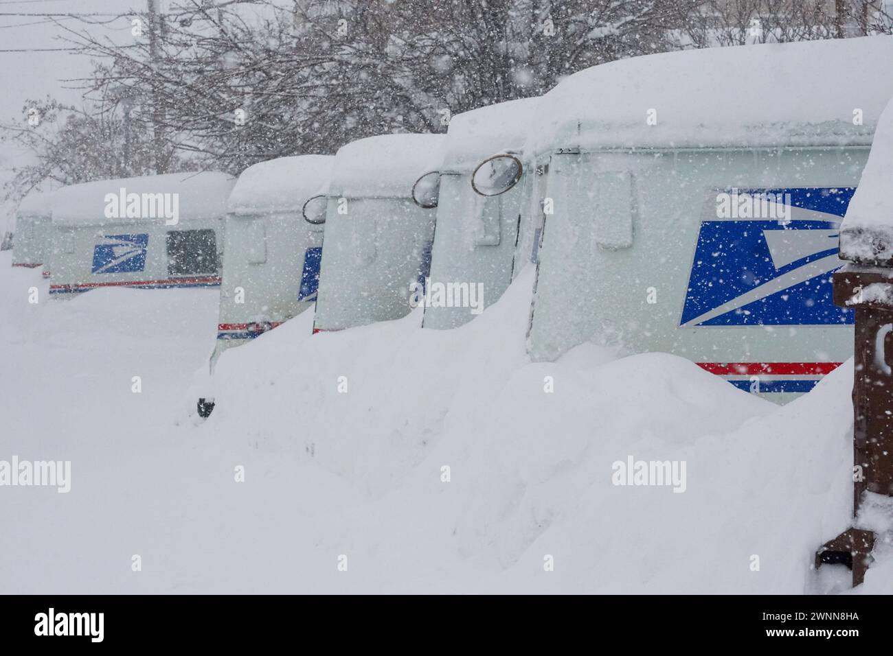 USPS trucks are covered in snow during a storm, Sunday, March 3, 2024 ...