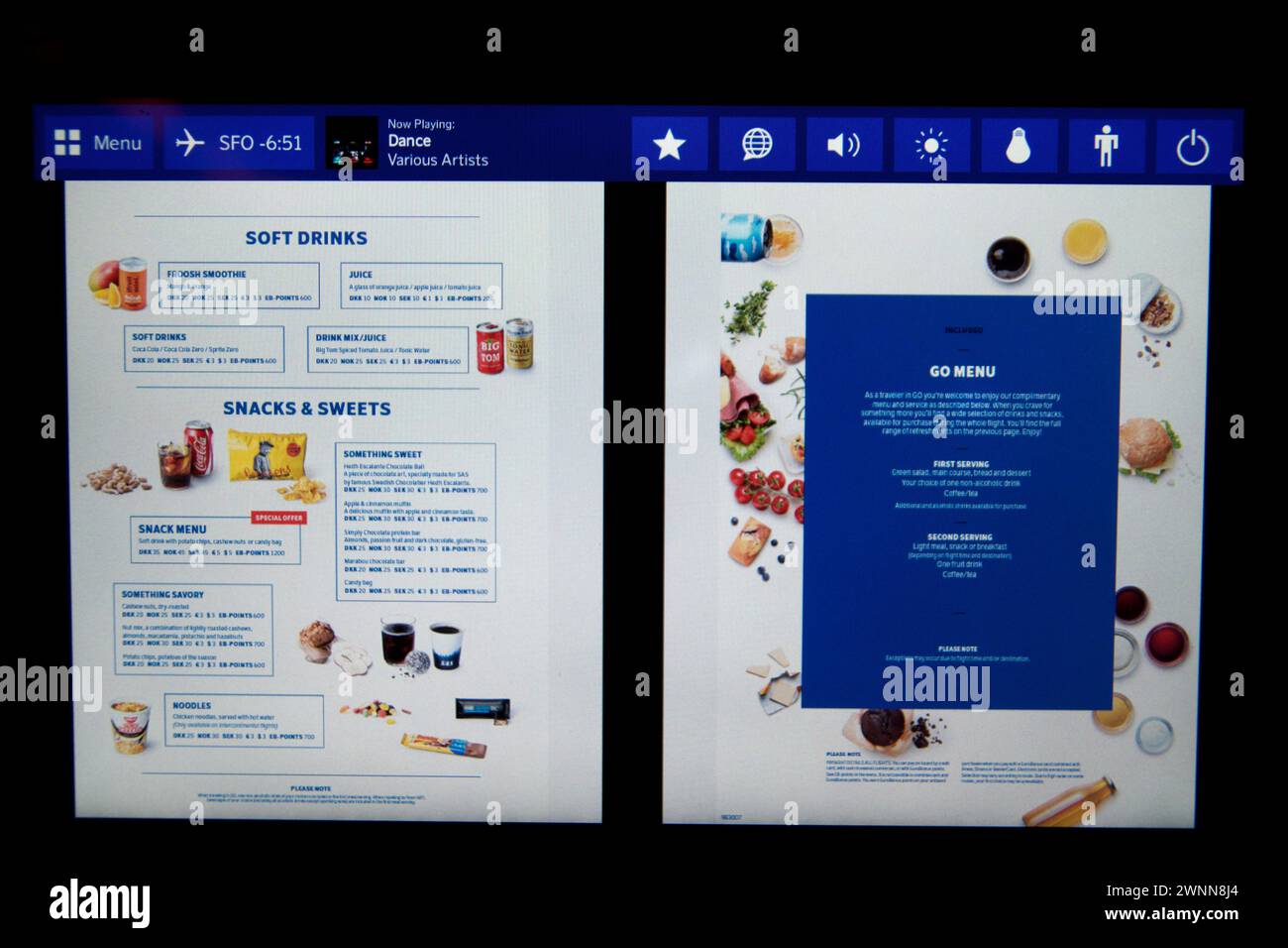 COPENHAGEN, DENMARK - 24 NOV 2018: In-flight menu with drinks and ...