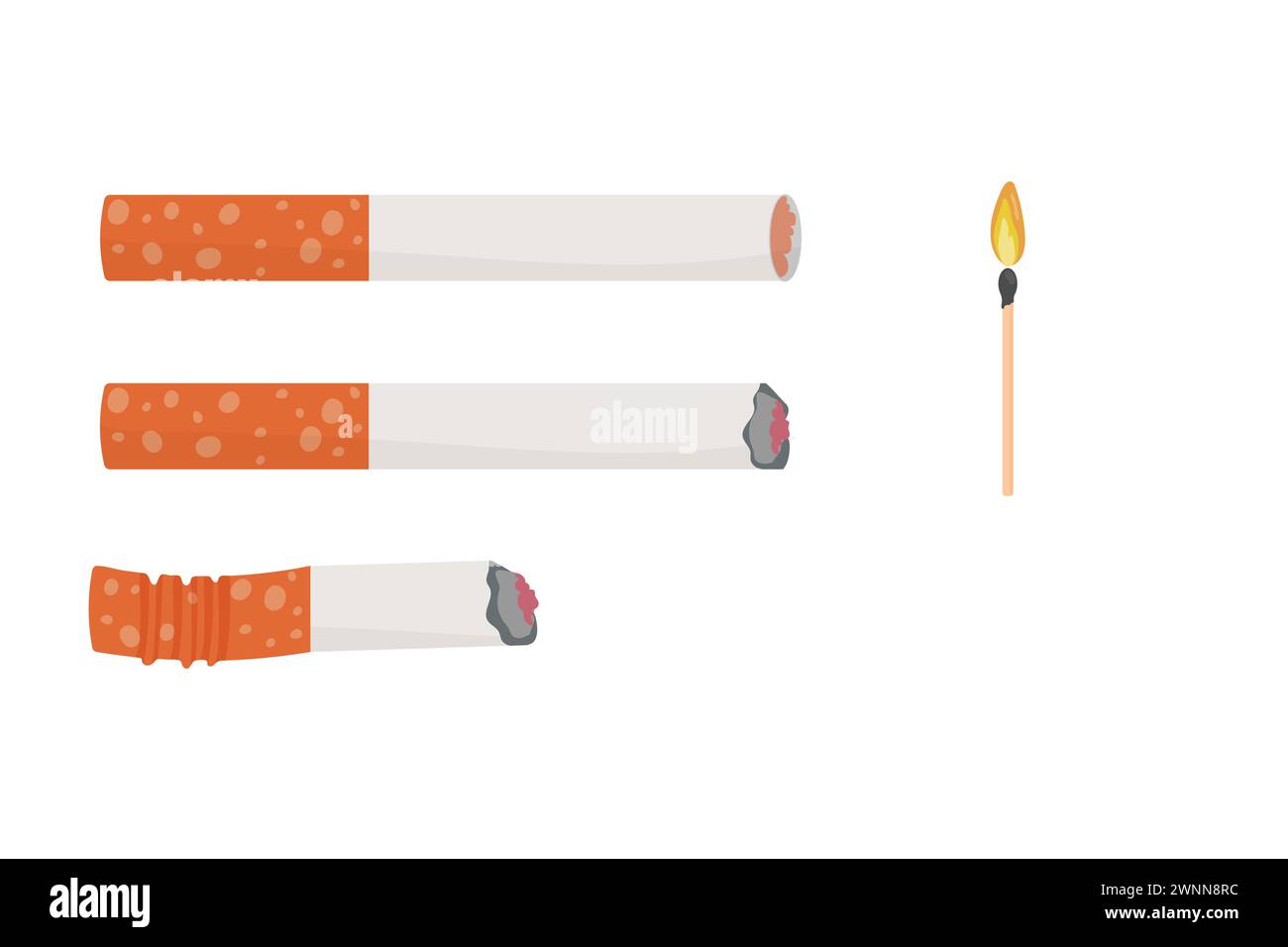 cigarette set, cigarette butt, match, no tobacco. Vector on white ...
