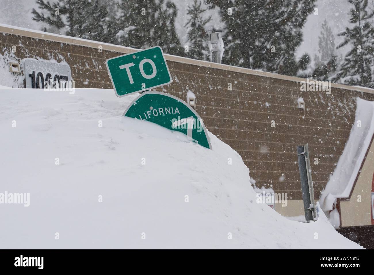 A highway sign is covered in snow during a storm, Sunday, March 3, 2024 ...