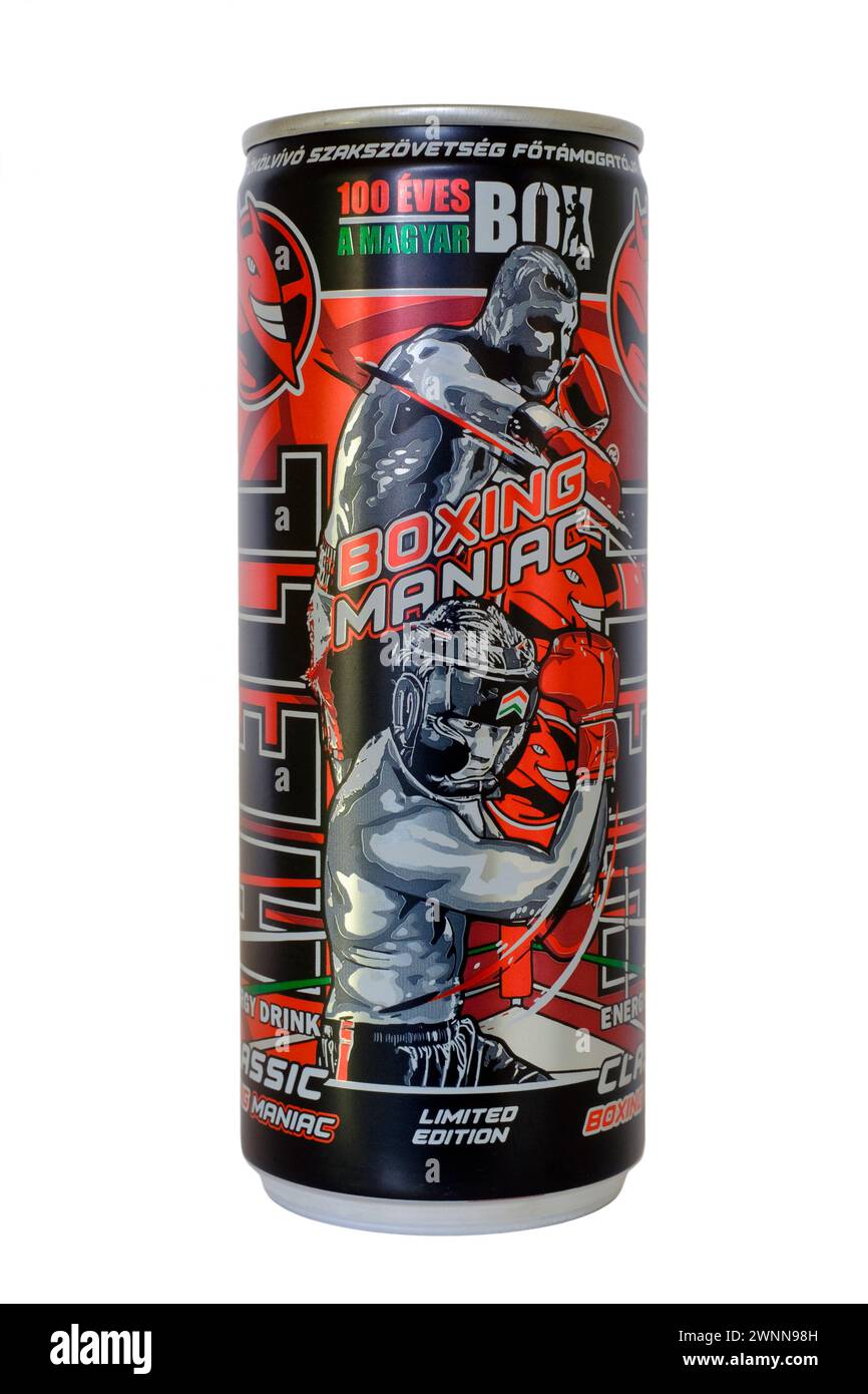 can of hungarian energy drink hell boxing maniac on white background ...