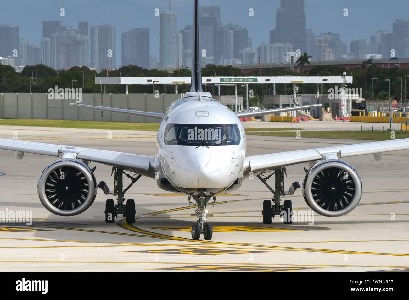 Miami, Florida, USA - 27 January 2024: head on view of an Airbus A220 ...