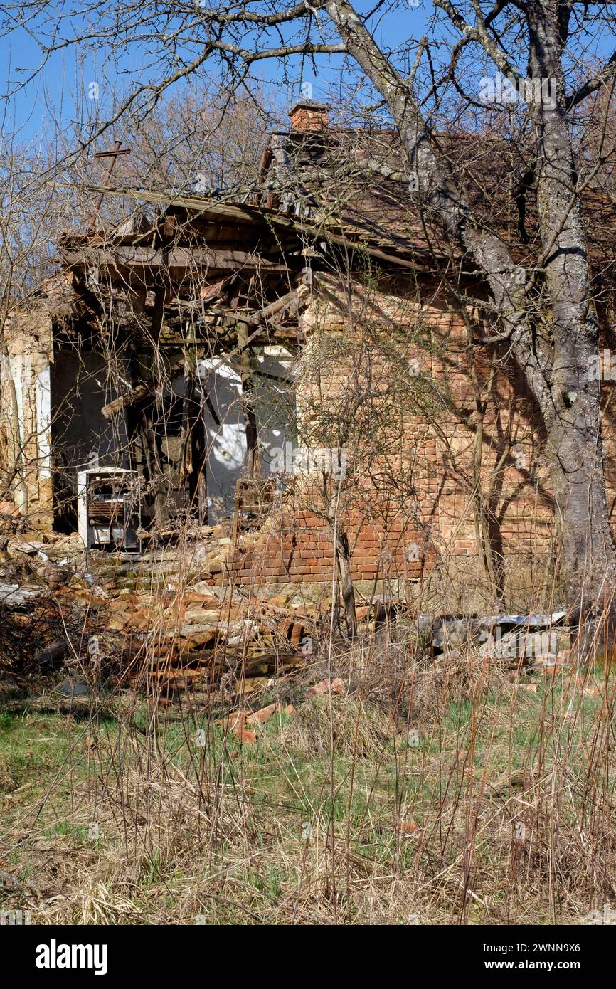 exterior view derelict abandoned wreck of crumbling collapsing rural house hungary Stock Photo ...