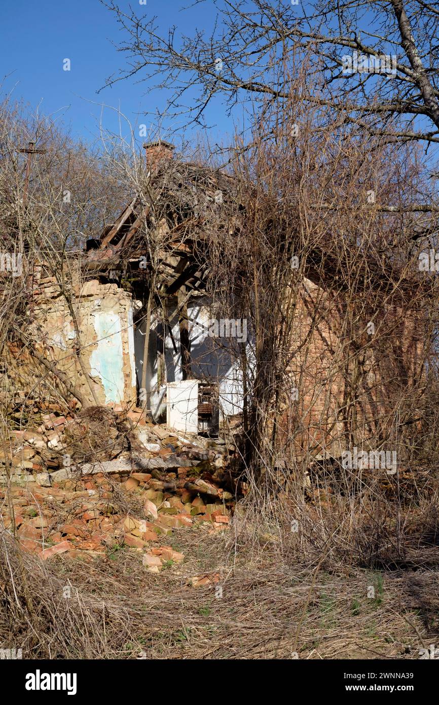 exterior view derelict abandoned wreck of crumbling collapsing rural house hungary Stock Photo ...