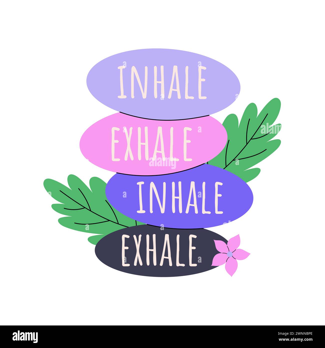 Balance pebbles with words Inhale, Exhale with handdrawn leaves and ...