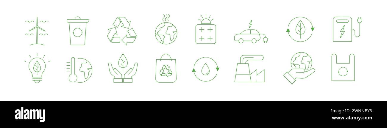 Eco friendly icon set. Green icons with objects related to ...