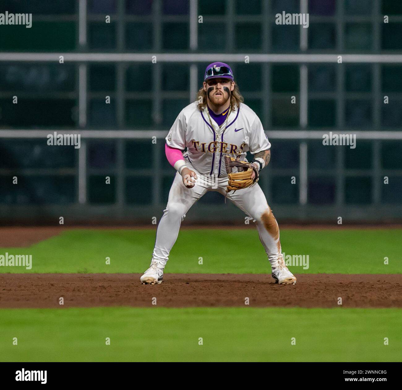 Houston, Texas, USA. 2nd Mar, 2024. LSU infielder TOMMY WHITE (47) watches a pitch during ...