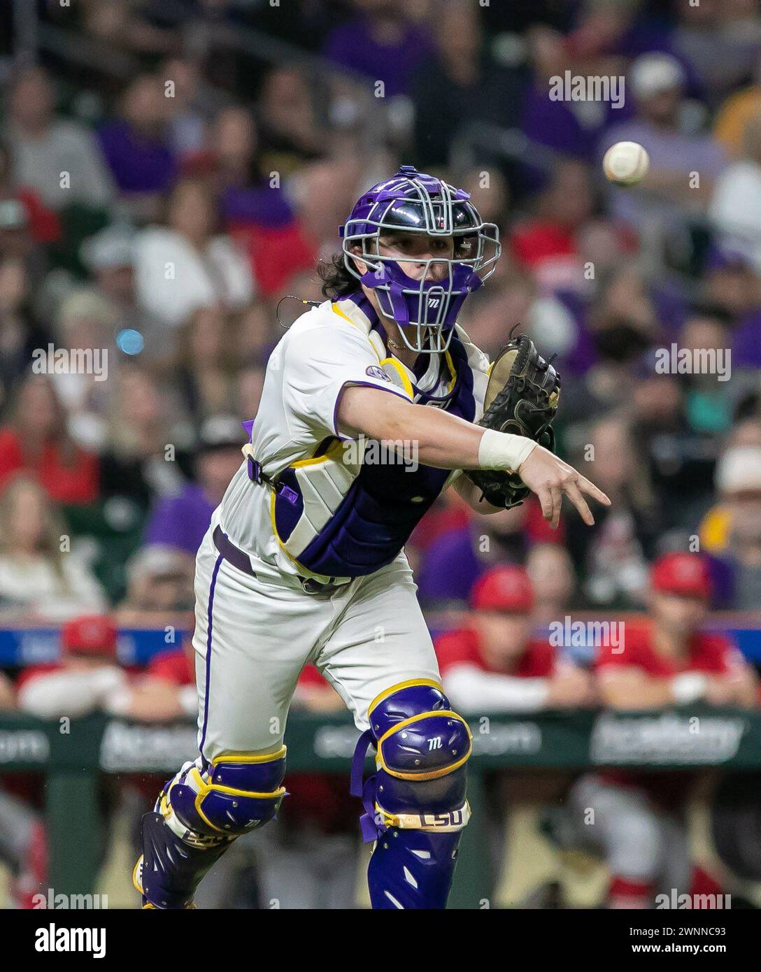 Houston, Texas, USA. 2nd Mar, 2024. LSU catcher ALEX MILAZZO (7) throws ...