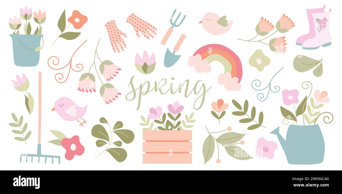 Spring Garden set. Hand drawn Flat Vector Isolated elements. Flowers ...