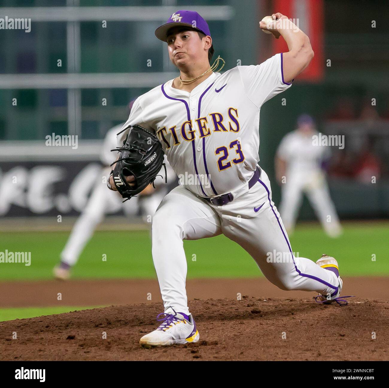 Houston, Texas, USA. 2nd Mar, 2024. LSU starting pitcher GAGE JUMP (23) throws a pitch during ...