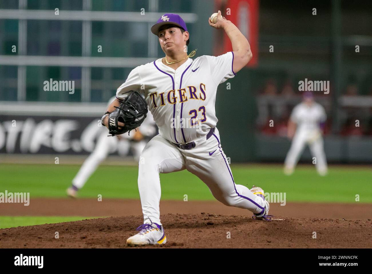 Houston, Texas, USA. 2nd Mar, 2024. LSU starting pitcher GAGE JUMP (23) throws a pitch during ...