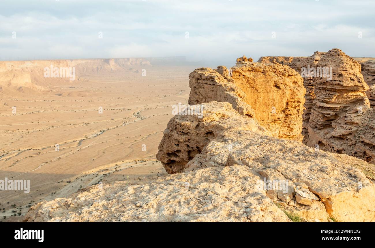 The Jabal Tuwaiq Mountains, with desert below landscape, Riyadh, Saudi ...