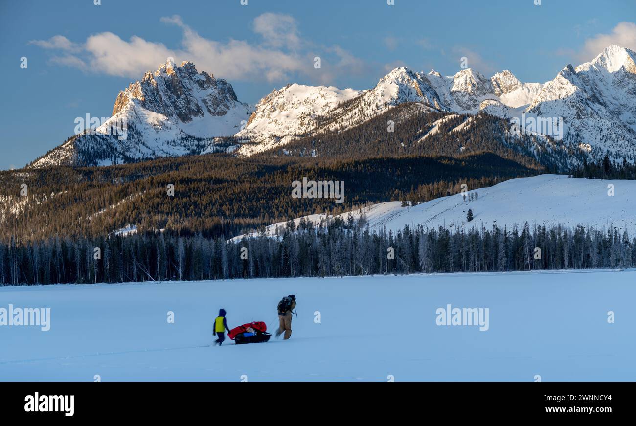 Man pulls sled at the base of the Idaho Sawtooths Stock Photo - Alamy
