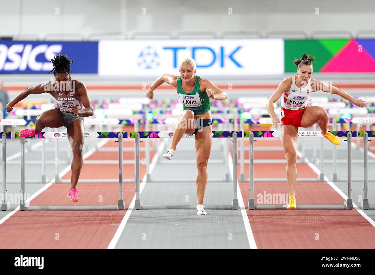 Ireland's Sarah Lavin (centre) in the Women's 60m Hurdles semi final ...